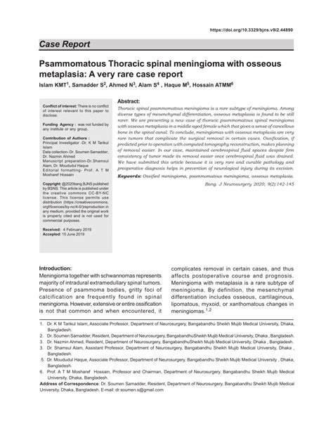 Pdf Psammomatous Thoracic Spinal Meningioma With Osseous Metaplasia