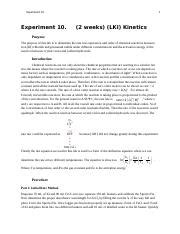 Kinetics Lab Docx 1 Experiment 10 Experiment 10 2 Weeks LKI Kinetics Purpose The Purpose Of