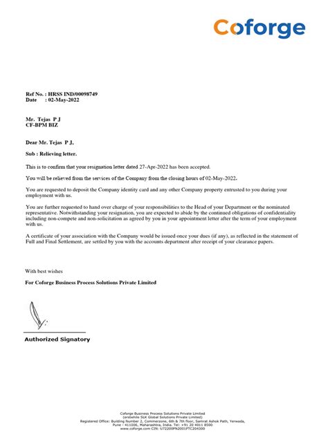 Coforge Employee Relieving Letter Pdf Finance And Money Management