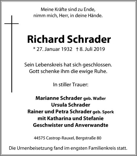 Traueranzeigen Von Richard Schrader Trauer In Nrwde