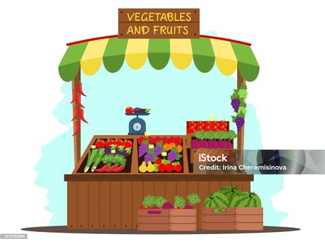 야채와 과일이 있는 거리 시장 노점 야외 지역 박람회 키오스크 벡터 일러스트레이션 포도 사과 오렌지 배 수박 당근 토마토 가지와
