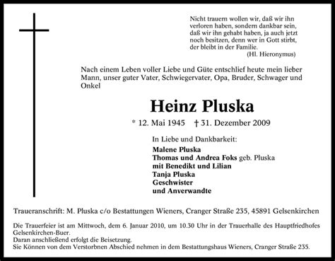 Traueranzeigen Von Heinz Pluska Trauer In Nrw De