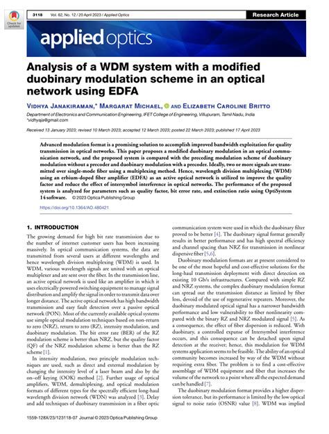 Analysis Of A Wdm System With A Modified Duobinary Modulation Scheme In An Optical Network Using