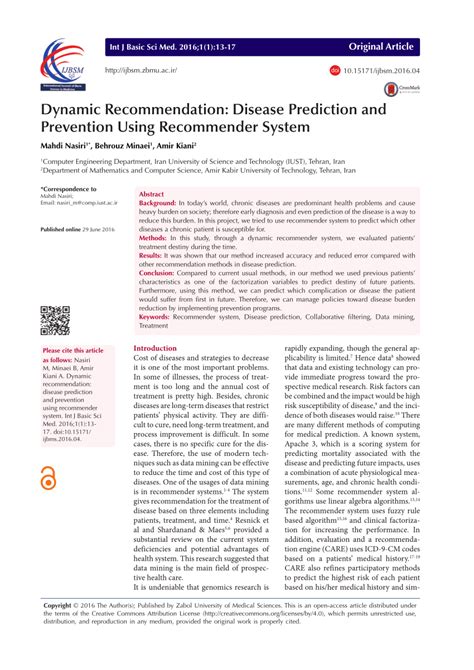 Pdf Dynamic Recommendation Disease Prediction And Prevention Using Recommender System