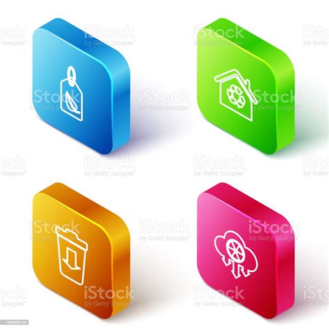 잎 에코 하우스 재활용 쓰레기통으로 보내기 및 산성비 및 방사능 구름 아이콘으로 아이소메트릭 라인 태그를 설정합니다 벡터 0명에 대한 스톡 벡터 아트 및 기타 이미지