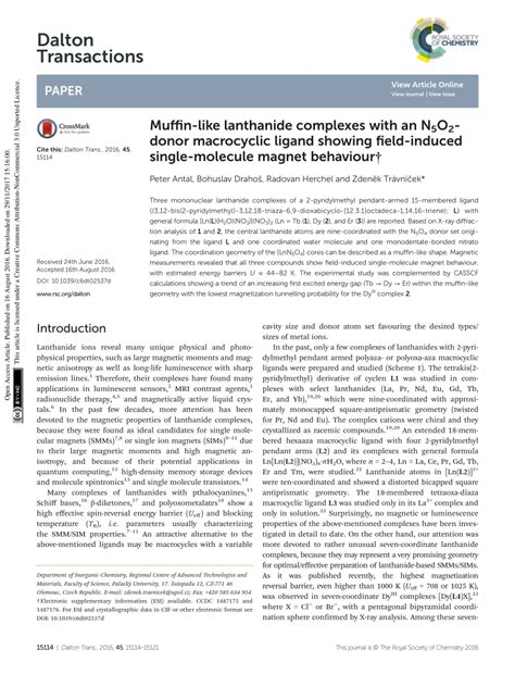 Pdf Muffin Like Lanthanide Complexes With An N5o2 Donor Macrocyclic Ligand Showing Field