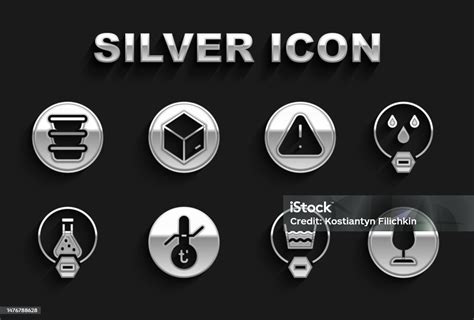 기상 온도계 물방울 금지 깨지기 쉬운 깨진 유리 섬세한 세척 테스트 튜브 및 플라스크 삼각형의 느낌표 그릇 및 판지 상자 아이콘을 설정합니다 벡터 Prohibition에