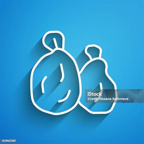 흰색 선 쓰레기 봉투 아이콘은 파란색 배경에 분리되어 있습니다 긴 그림자 벡터 가득 찬에 대한 스톡 벡터 아트 및 기타 이미지 가득 찬 가방 가사 집안일 Istock