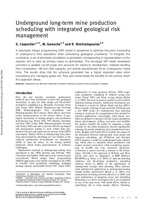 Pdf Underground Long Term Mine Production Scheduling With Integrated Geological Risk Management