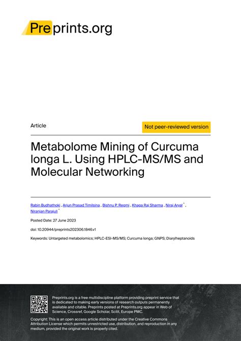 Pdf Metabolome Mining Of Curcuma Longa L Using Hplc Msms And