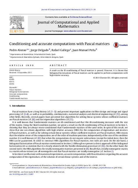 Pdf Conditioning And Accurate Computations With Pascal Matrices
