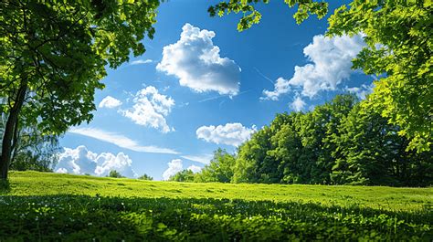 View Of Leafy Green Trees And Blue Sky At The Top Of A Grassy Hill
