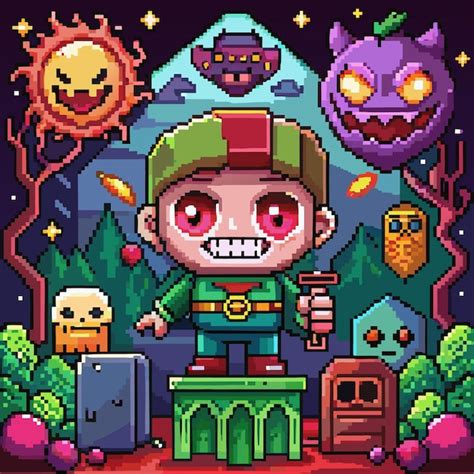Pixelated Character With Red Eyes Green Hat And A Weapon Standing On A Platform With Other
