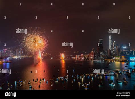 Aerial View Of The Famous New Year Fireworks Of Victoria Harbor Hong
