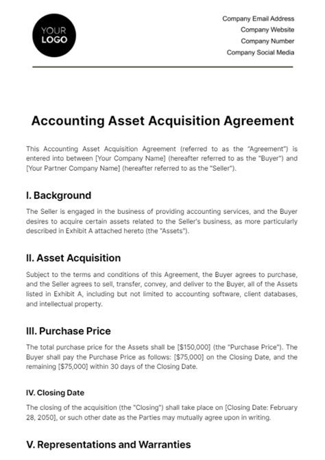 Free Accounting Asset Acquisition Agreement Template To Edit Online