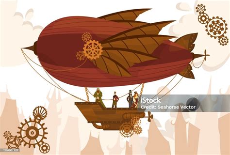 풍선 스팀 펑크 비행선 평면 벡터 일러스트에 팀 문자 항공 운송 기어 빈티지 골동품 디자인 웹 배너 스팀펑크에 대한 스톡 벡터 아트 및 기타 이미지 Istock