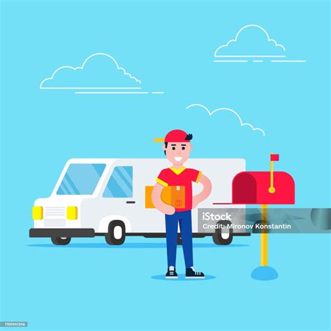 빠른 흰색 배달 차량 자동차 밴과 남자 문자 상자 근처 박스 평면 스타일 디자인 벡터 일러스트 레이 션 밝은 파란색 배경에 고립 배달 회사의 상징입니다 개념에 대한 스톡