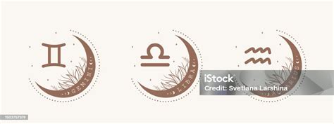 쌍둥이 자리 천칭 자리 물병 자리 보헤미안 스타일의 에어 조디악 표지판 흰색 배경에 점성술 아이콘입니다 신비와 난해한 별자리 벡터 그림입니다 타로 카드 달력에 대한 영적