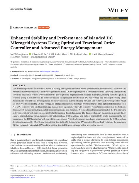 PDF Enhanced Stability And Performance Of Islanded DC Microgrid Systems Using Optimized