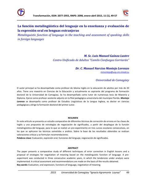 Pdf Metalinguistic Function Of Language In The Teaching And Assessment Of Speaking Skills In