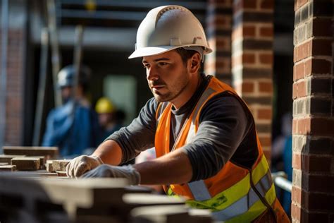 Premium Photo Male Builder Mason In A Construction Helmet Works On Building A House Laying Bricks