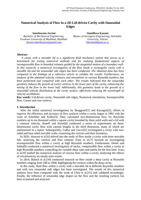 Pdf Numerical Analysis Of Flow In A 2d Lid Driven Cavity With Sinusoidal Edges