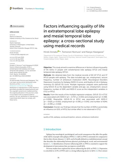 Pdf Factors Influencing Quality Of Life In Extratemporal Lobe Epilepsy And Mesial Temporal