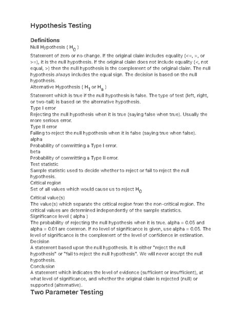 Hypothesis Testing Hypothesis Testing Definitions Null Hypothesis