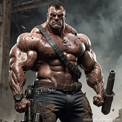 Muscular Man With An Imposing Physique Stands Menacingly He Has A Large