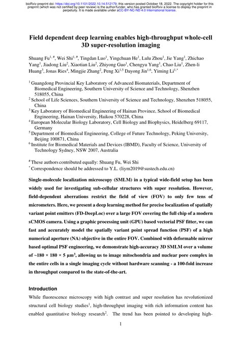 Pdf Field Dependent Deep Learning Enables High Throughput Whole Cell 3d Super Resolution Imaging