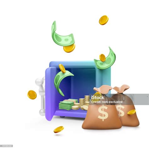 열린 문과 종이 지폐와 금화와 금화와 돈 가방으로 안전한 돈 현실적인 만화 스타일로 떨어지는 녹색 달러와 동전 3차원 형태에 대한 스톡 벡터 아트 및 기타 이미지 Istock