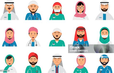 아랍어 의사 아바타입니다 치과 간호사 남성 및 여성 아랍 이슬람 이슬람 병원 직원 벡터 의료 직업 간호사에 대한 스톡 벡터 아트