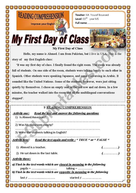 My First Day Of Class Esl Worksheet By Youper7