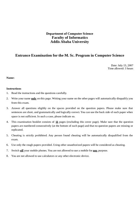 Computer Science Master Program Entrance Exam Exams Programming