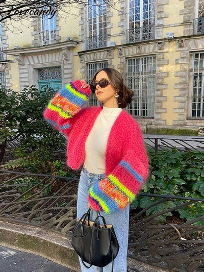 Badu Bg Дамски шикозни къси плетени пуловери на райета Свободни фенерски ръкави Цветни плетени