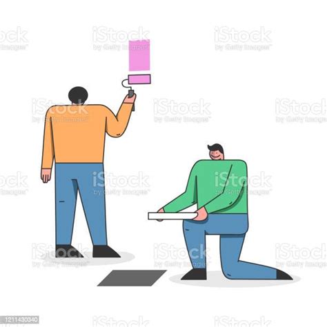 홈 수리 개념 두 명의 수리인이 집을 수리합니다 남성 만화 캐릭터 페인트 벽과 타일링 도구를 갖춘 전문 건설 노동자 만화 선형 윤곽선 벡터 일러스트 Diy에 대한 스톡 벡터