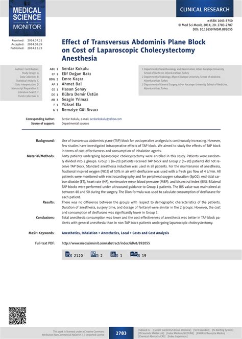 Pdf Effect Of Transversus Abdominis Plane Block On Cost Of Laparoscopic Cholecystectomy Anesthesia