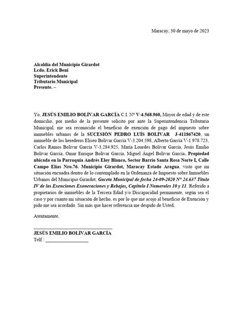 Carta De Exoneración Adulto Mayor De La Alcaldía Pdf