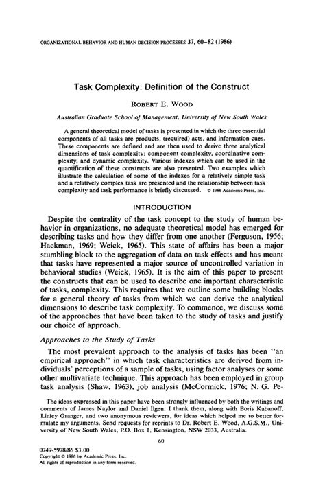 Pdf Task Complexity Definition Of The Construct