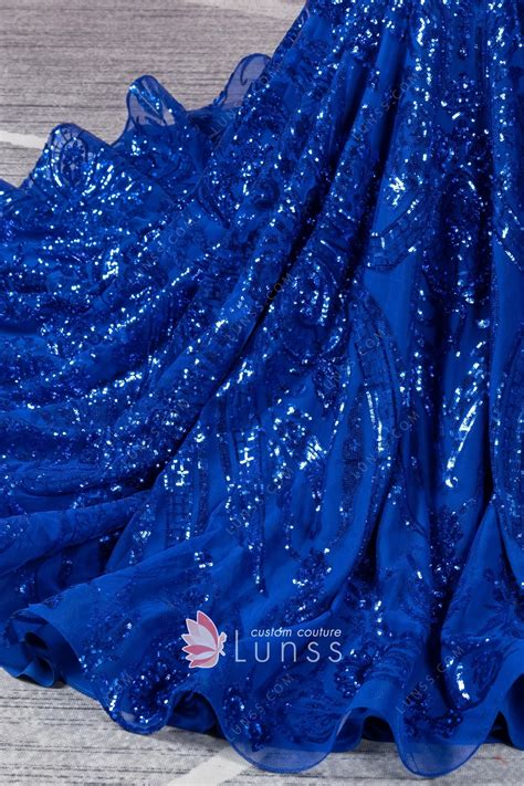 Iridescent Royal Blue Sequin Plunging Neck Prom Dress Lunss