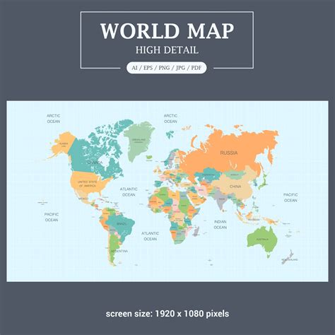 Digital World Map Full Color With Countries Printable Poster Large Size