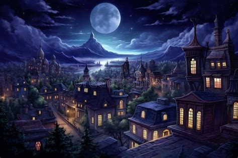 Fantasy Landscape With Haunted House And Moon Stock Illustration