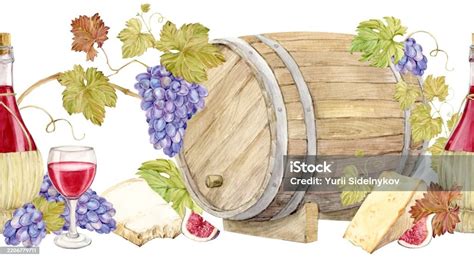 나무 통 보라색 포도 치즈 와인 병 및 안경과 완벽 한 패턴 와인 리스트를 위한 수채화 삽화 짚으로 짠 주전자에 담긴 레드 와인 블루와 파마산 치즈를 곁들인 포도 덩굴