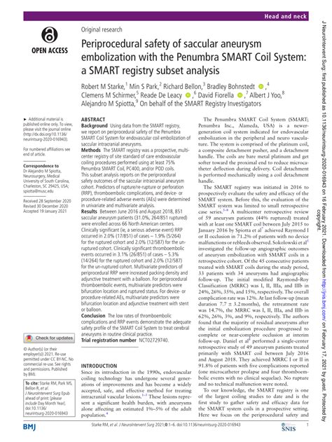 Pdf Periprocedural Safety Of Saccular Aneurysm Embolization With The Penumbra Smart Coil