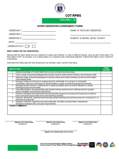 inter observer agreement form teacher i iii sy2022 2023 pdf