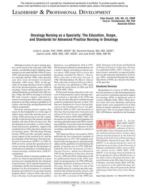 Pdf Oncology Nursing As A Specialty The Education Scope And Standards For Advanced Practice