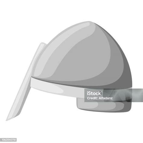 노르만 문화입니다 중세 금속 기사 헬멧입니다 실버 컬러 갑옷입니다 전사 기사 로고 상징 기호 스포츠 마스코트 흰색 배경에 고립 된 평면 벡터 일러스트 레이 션 The