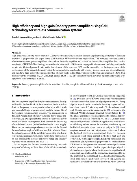 High Efficiency And High Gain Doherty Power Amplifier Using Gan Technology For Wireless
