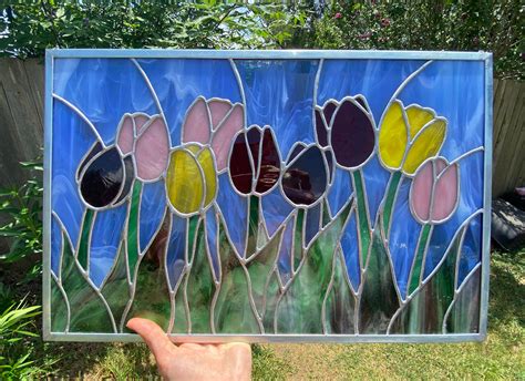 Spring Tulip Stained Glass Window Panel Flower Art Home Decor Garden