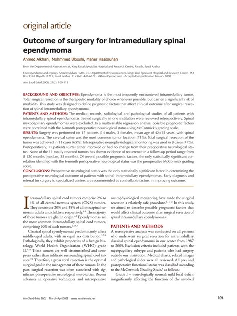 Pdf Outcome Of Surgery For Intramedullary Spinal Ependymoma